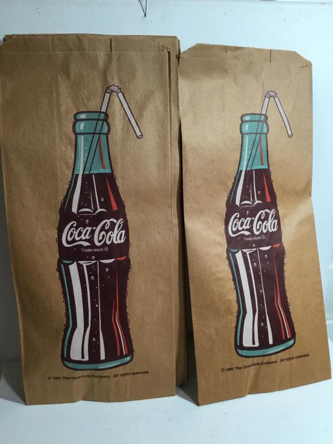 Vintage Coke, Coca Cola Paper Bags. 1991 Coke Bottle With Straw Brown ...