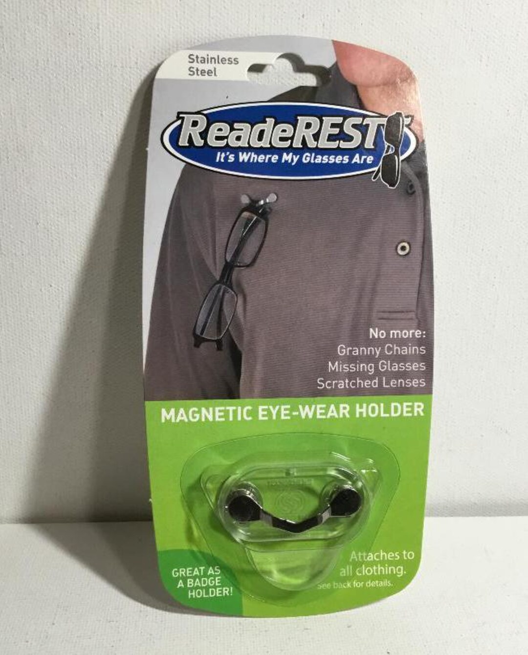 Readerest Magnetic Eye-wear Holder. Eye Glasses, Sun Glasses, Badge ...