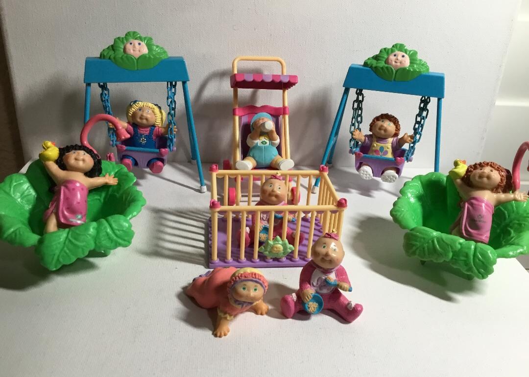 Vintage Cabbage Patch Miniature Dolls, Swings, Leaf Bathtubs, Stroller. Preemie Cabbage Patch ...