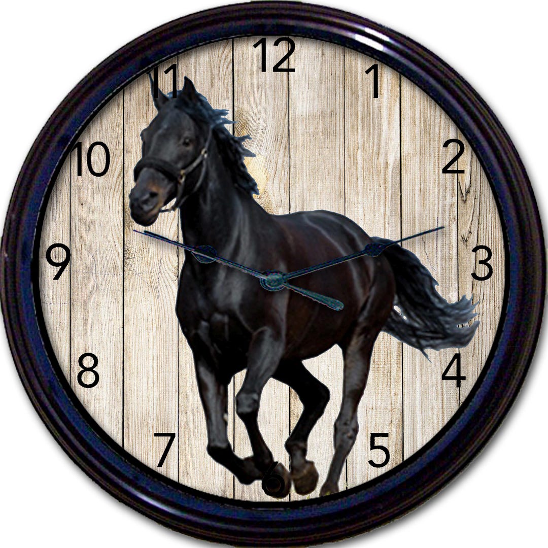 Black Horse Clock With Horse Barn Background - Unique Horse Decor ...