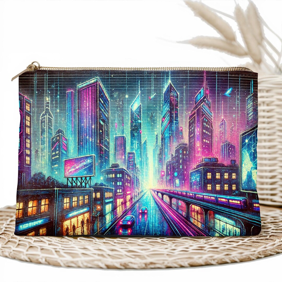 Cyberpunk Makeup Bag, Futuristic Neon City Cosmetic Pouch, Zippered ...