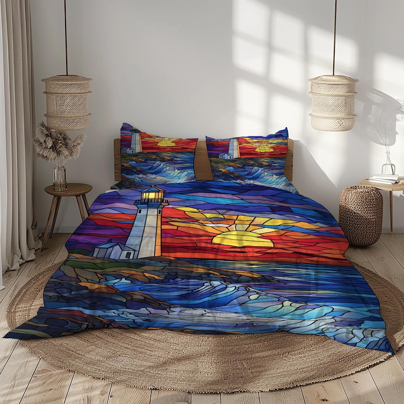 Lighthouse Bedding Set With Duvet Cover and Pillowcases, Stained Glass ...