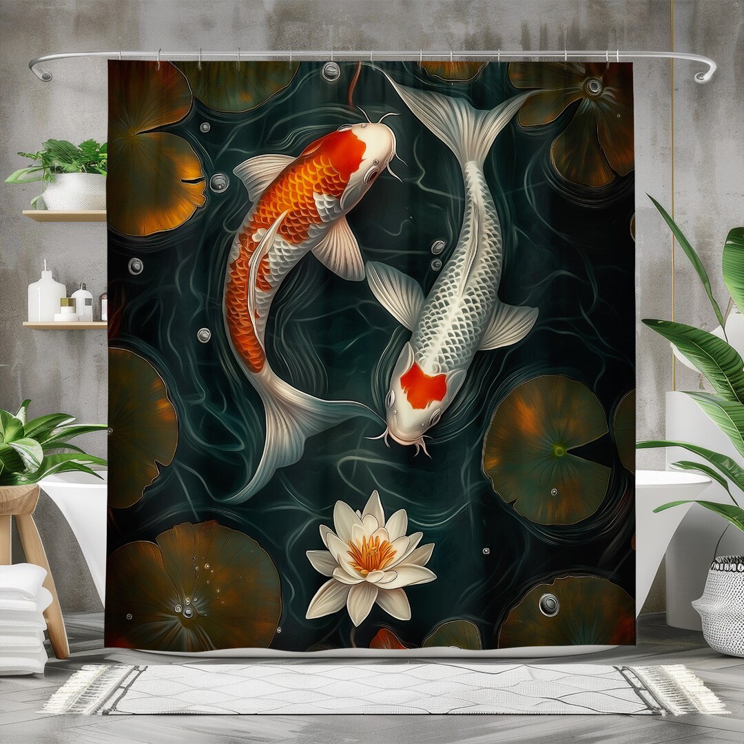 Unique Bathroom Shower Curtain With Koi Fish and Lotus Flower Design ...