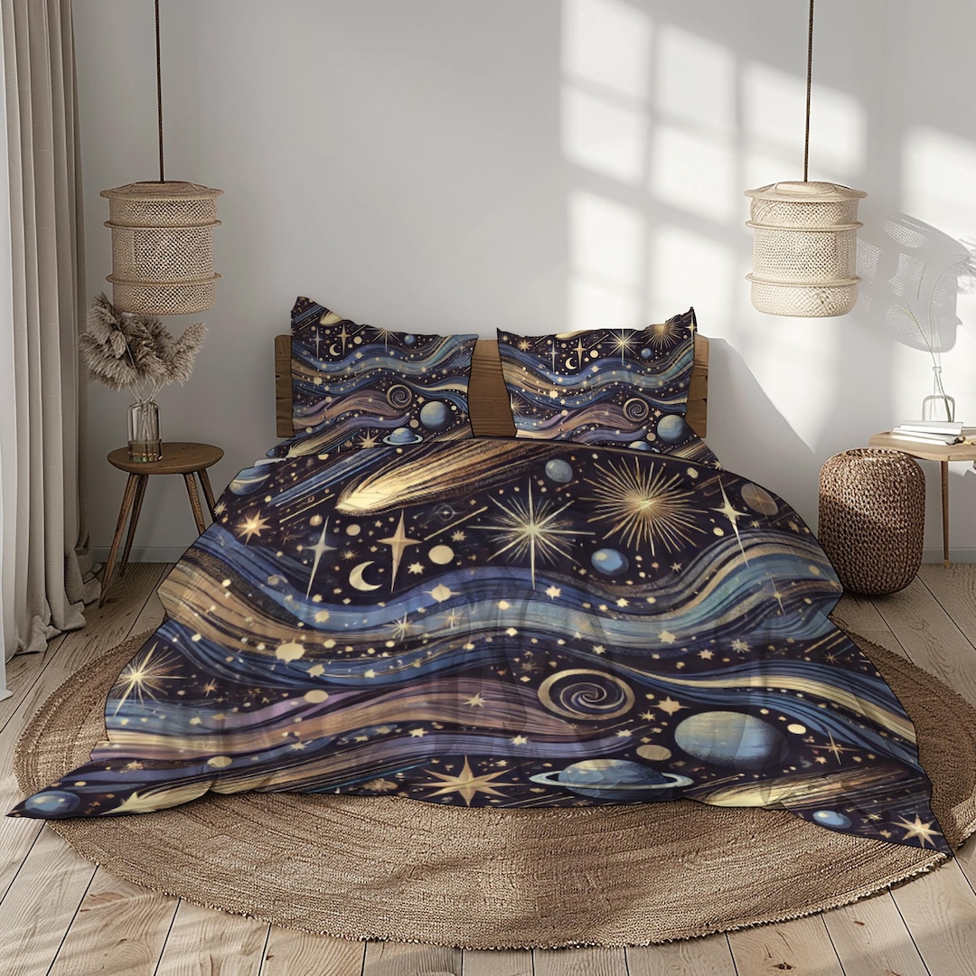 Celestial Bedding Set With Navy Gold Blue and Violet Stars and Planets ...