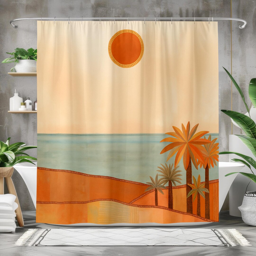 Retro Sunset Shower Curtain - Orange, Teal, Beige, Brown Coastal Scene ...