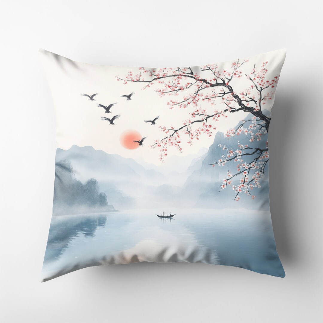 Oriental Cherry Blossom Pillow Case, Elegant Asian Landscape Design ...