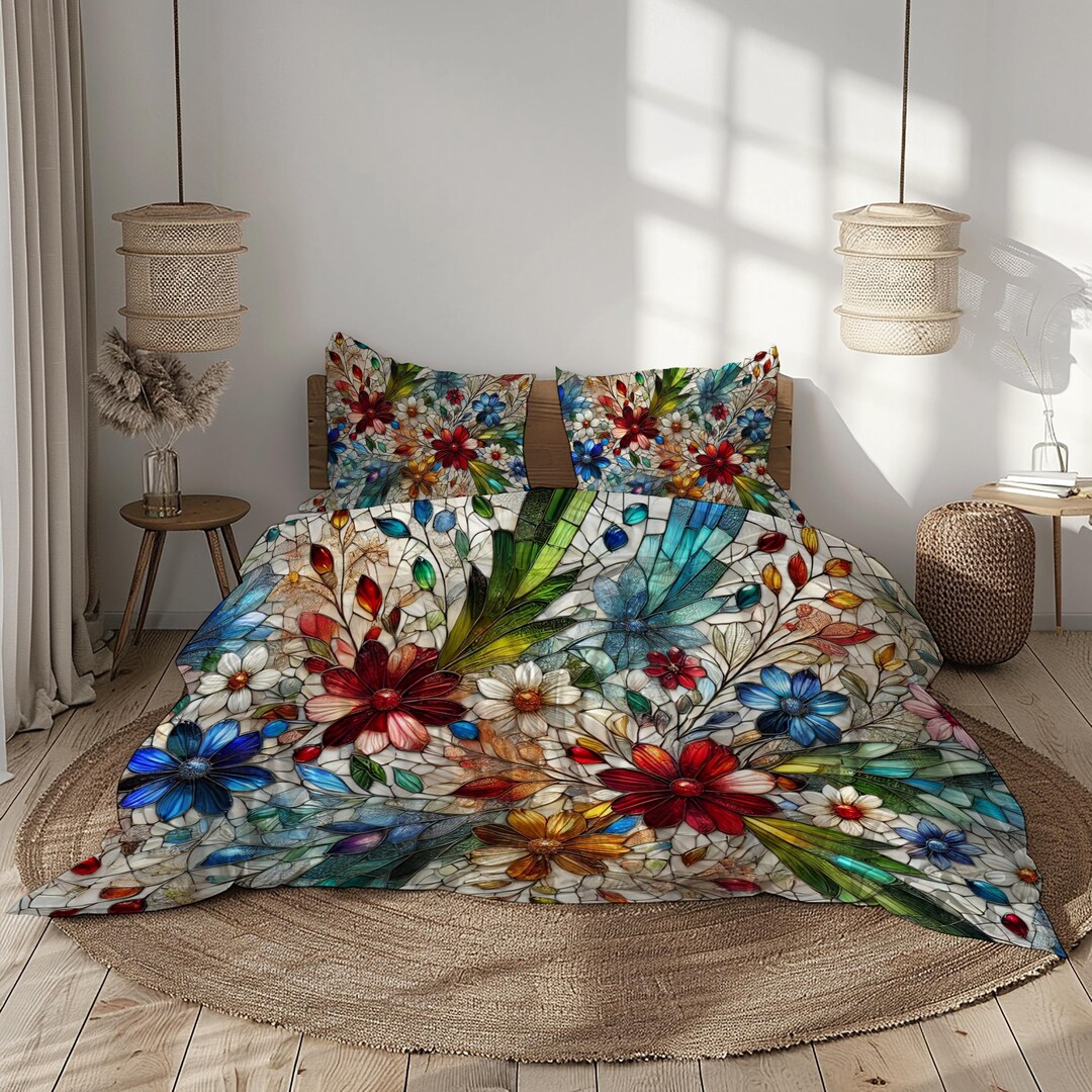 Stained Glass Floral Bedding Set: Vibrant Microfiber Duvet Cover - Etsy