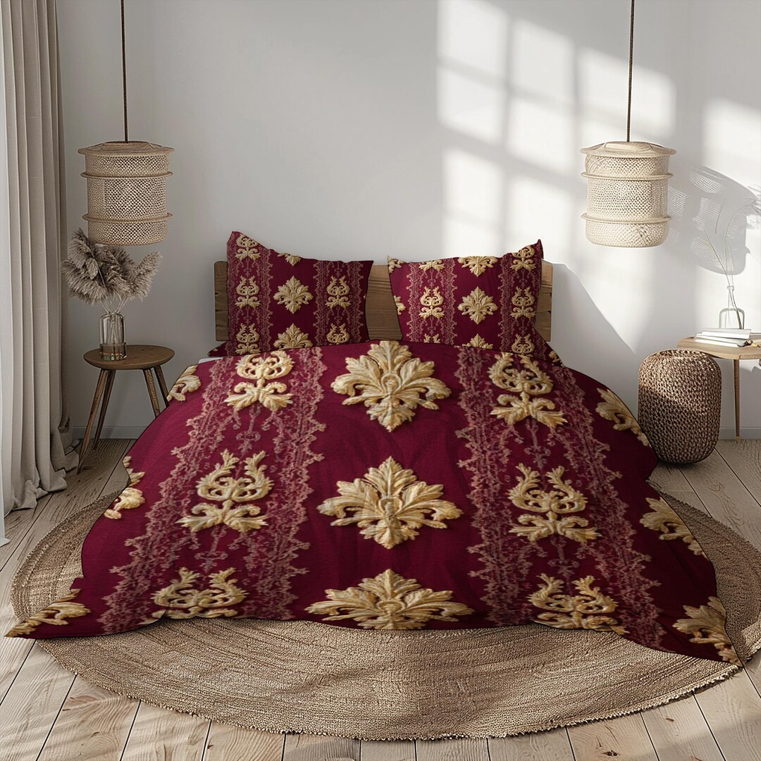 Damask Royal Bedding Set – Burgundy Red, Metallic Gold, Classic Beige ...