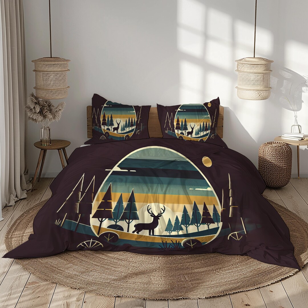Rustic Forest Bedding Set With Deep Brown, Teal, and Golden Tones ...