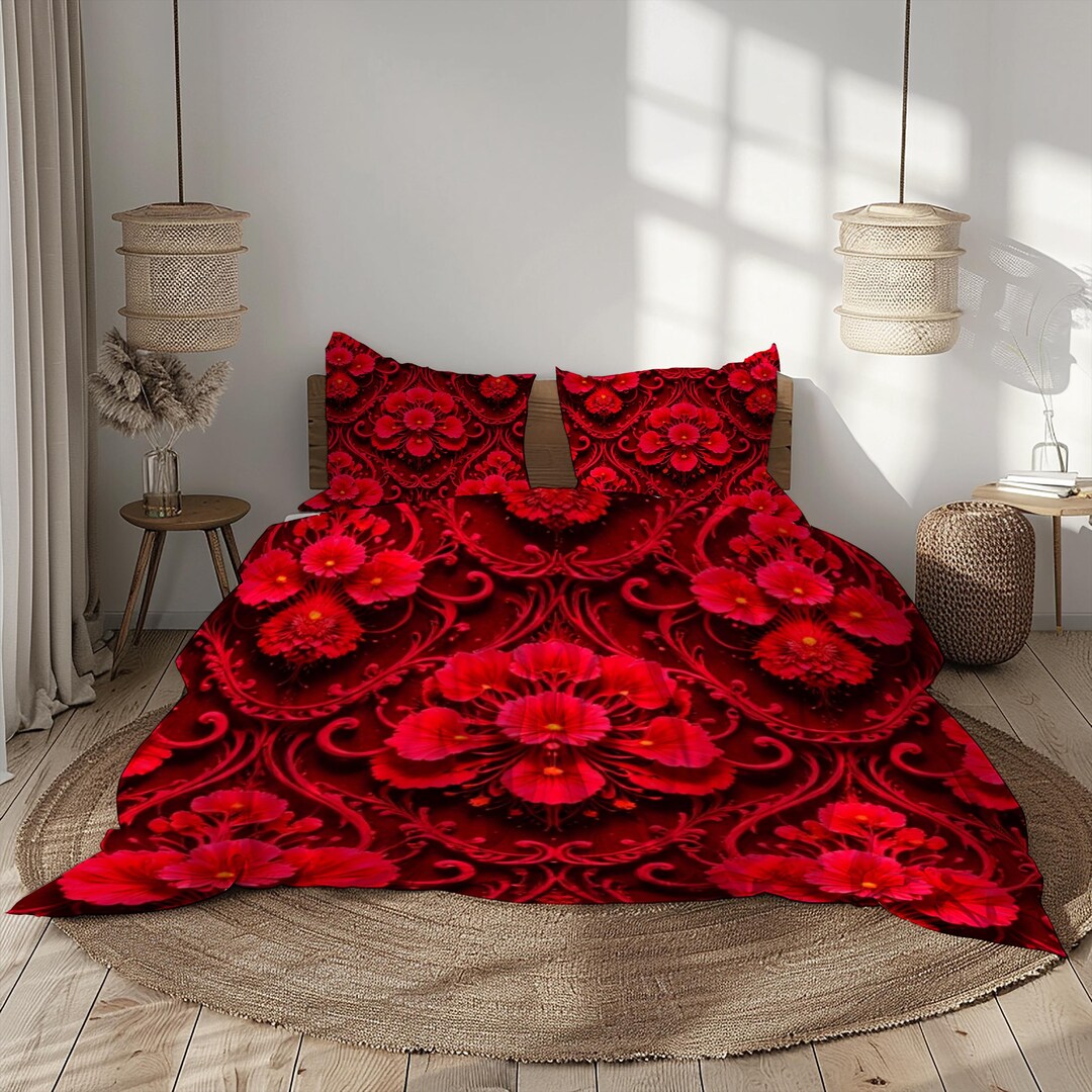 Luxury Red Floral Duvet Cover Set: Elegant Maroon Bedding - Etsy