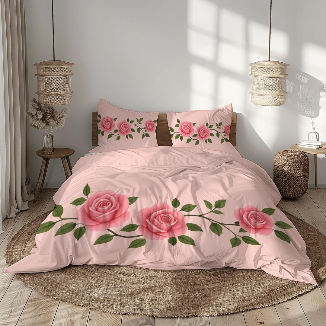 Romantic Pink Rose Floral Duvet Cover Set: Cozy Bedroom Décor - Etsy