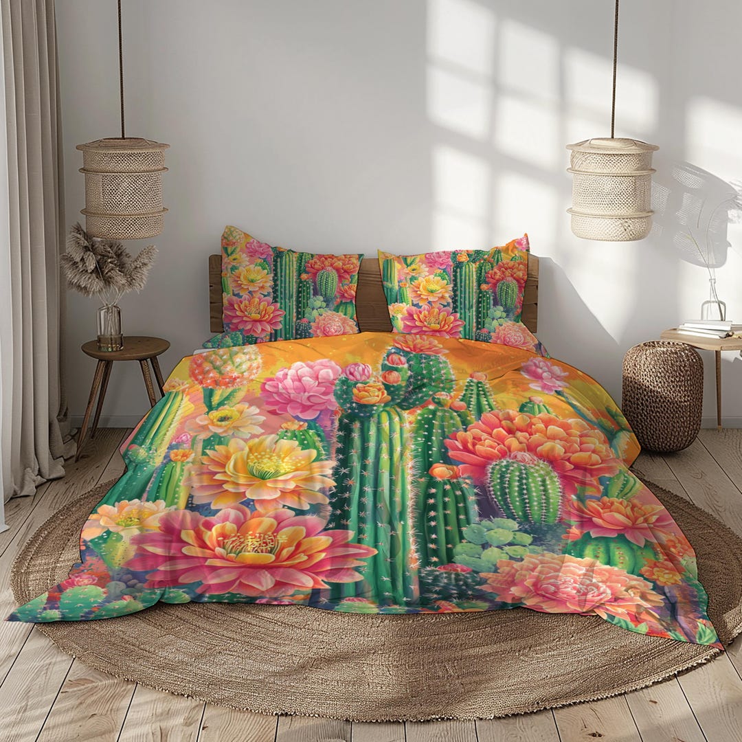 Cactus Flower Duvet Cover Set – Bold Desert Bloom Bedding With Colorful ...