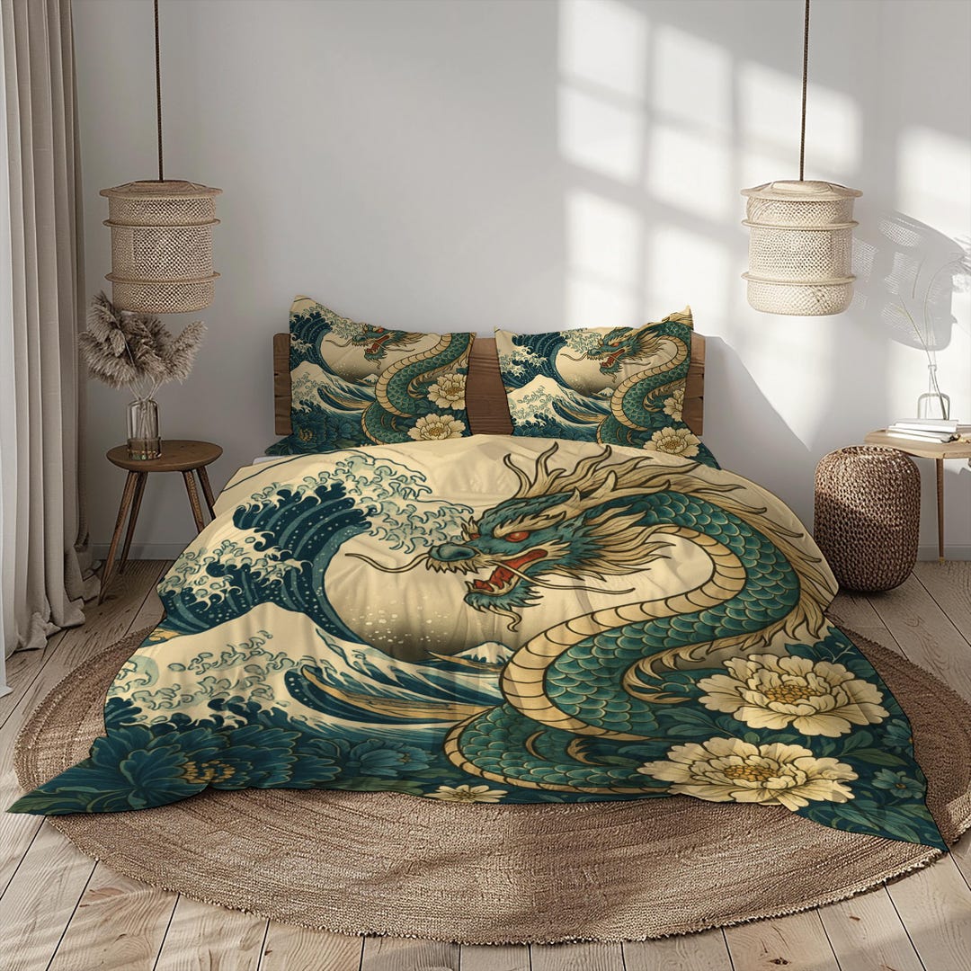 Japanese Dragon Bedding Set: Cream & Teal Oriental Decor - Etsy