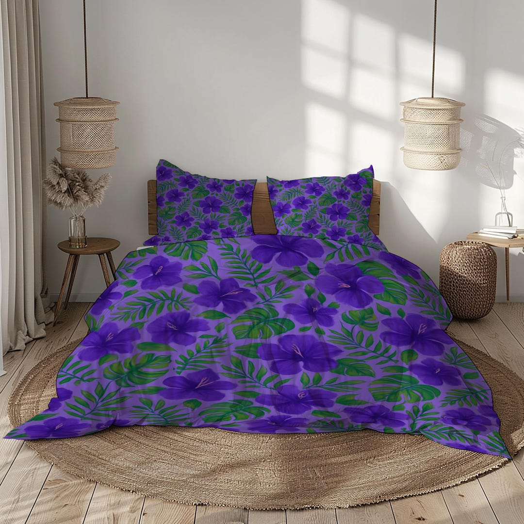 Tropical Hibiscus Duvet Cover Set: Purple & Green Floral Microfiber ...
