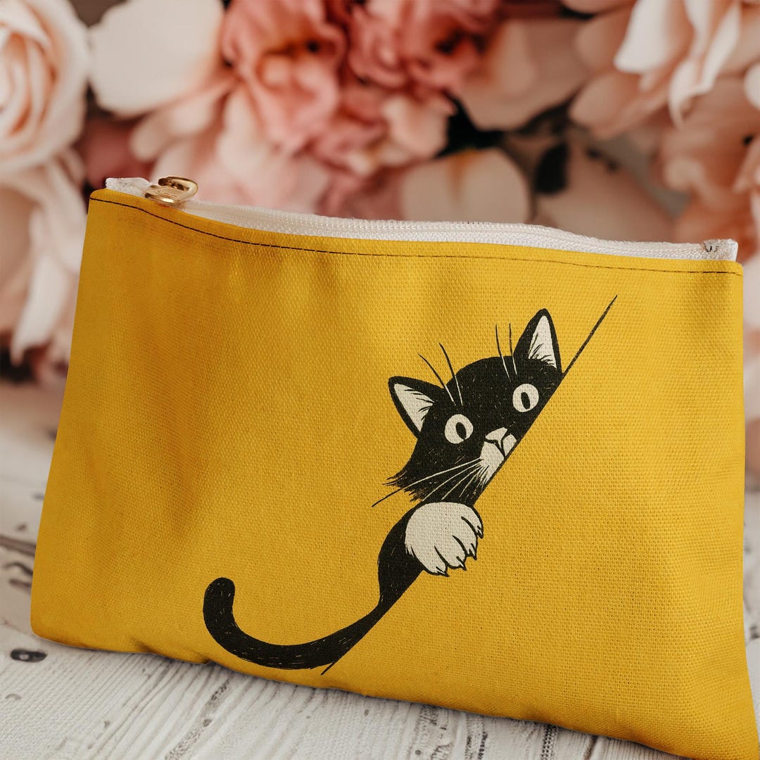 Black Cat Zipper Pouch – Yellow, Black, White & Beige – Cute Canvas ...
