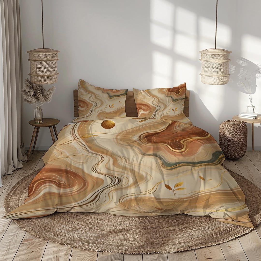 Earth Tone Marble Duvet Cover Set – Caramel, Cream, Rust, and Moss ...