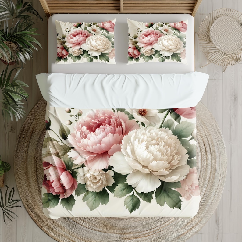 Peony Floral Bedding Set: Beige, White & Pink Duvet Cover - Etsy