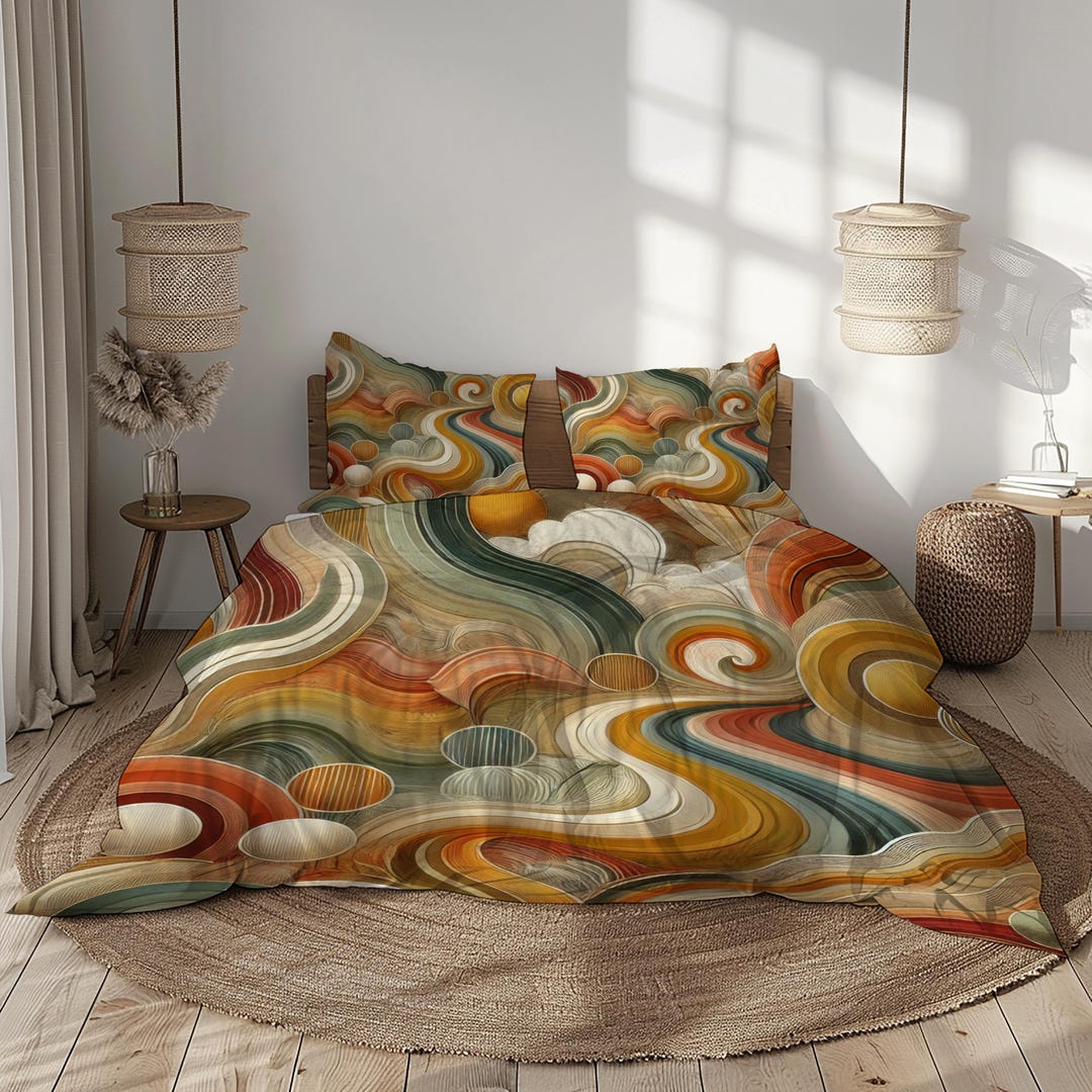 Retro Abstract Bedding Set With Duvet Cover and Pillowcases, Swirling ...