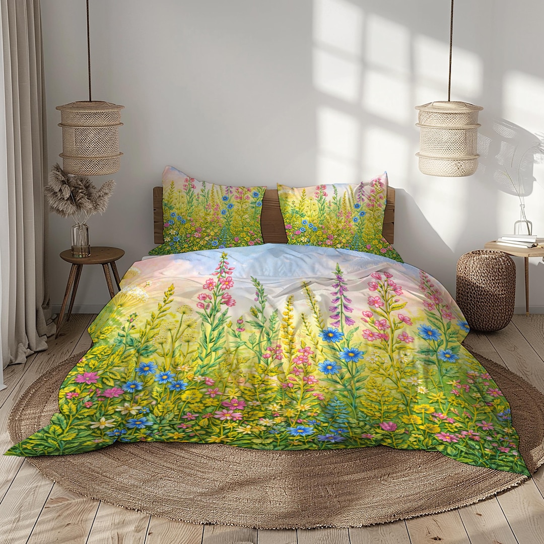 Wildflower Meadow Duvet Cover Set Yellow Green Pink Blue Floral Bedding ...