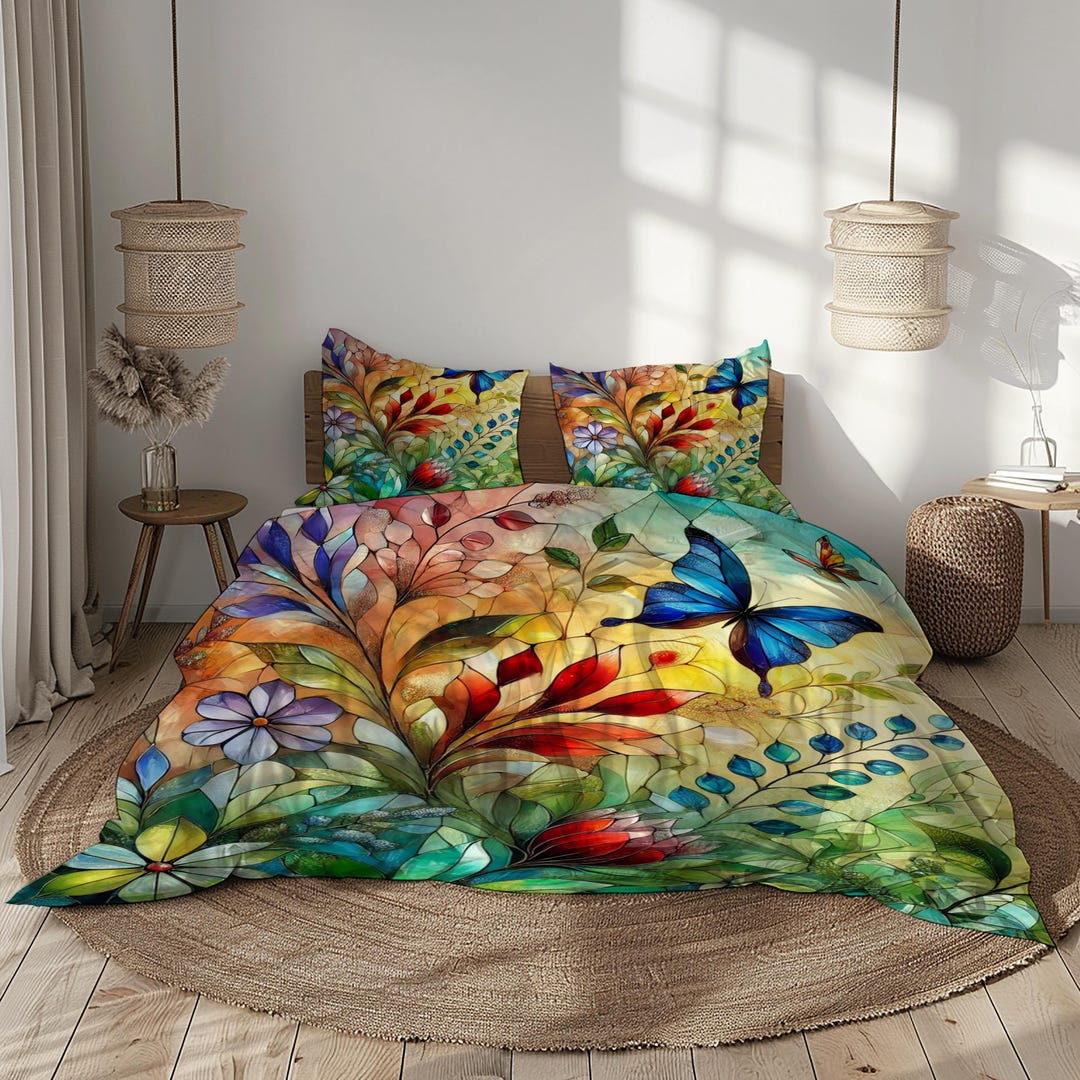 Butterfly Stained Glass Bedding Set: Vibrant Microfiber Duvet Cover - Etsy