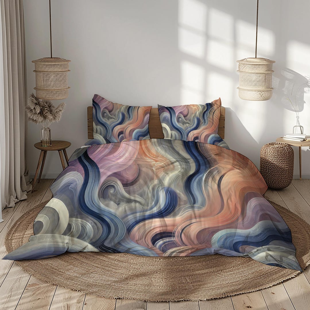 Swirl Bedding Set: Muted Blue, Blush Pink Duvet Cover and Pillowcases ...