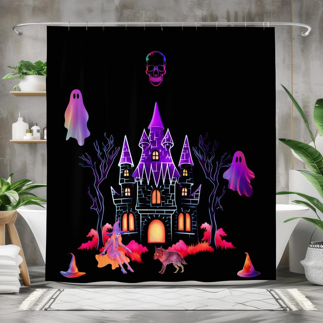 Haunted Castle Shower Curtain With Spooky Ghosts and Neon Colors ...