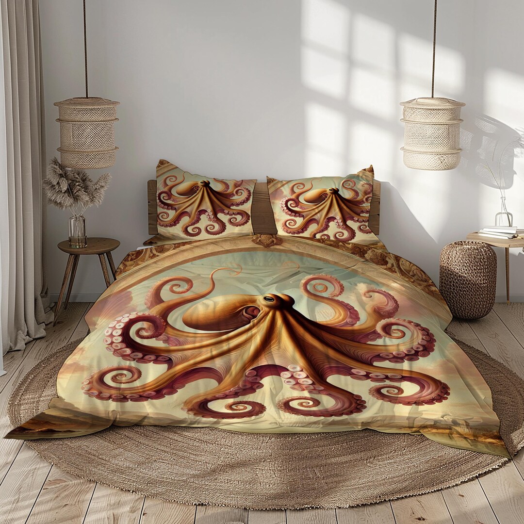 Golden Octopus Bedding Set With Warm Beige, Sunset Gold, and Soft Pink ...