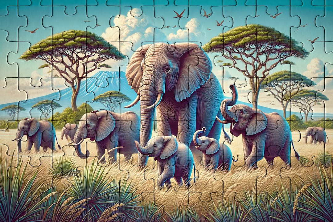 African Safari Elephants Wooden Jigsaw Puzzle for Adults - 200, 300 ...