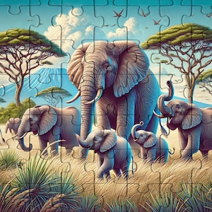 African Safari Elephants Wooden Jigsaw Puzzle for Adults - 200, 300 ...