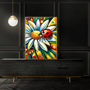 Colorful Ladybug on Flower Canvas Print, Vibrant Nature Art, Whimsical ...