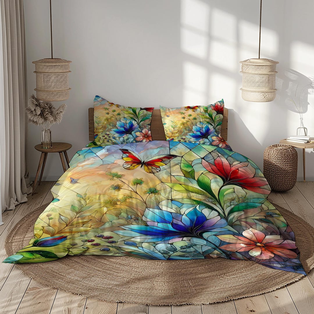 Butterfly Stained Glass Floral Bedding Set, Duvet Cover With ...