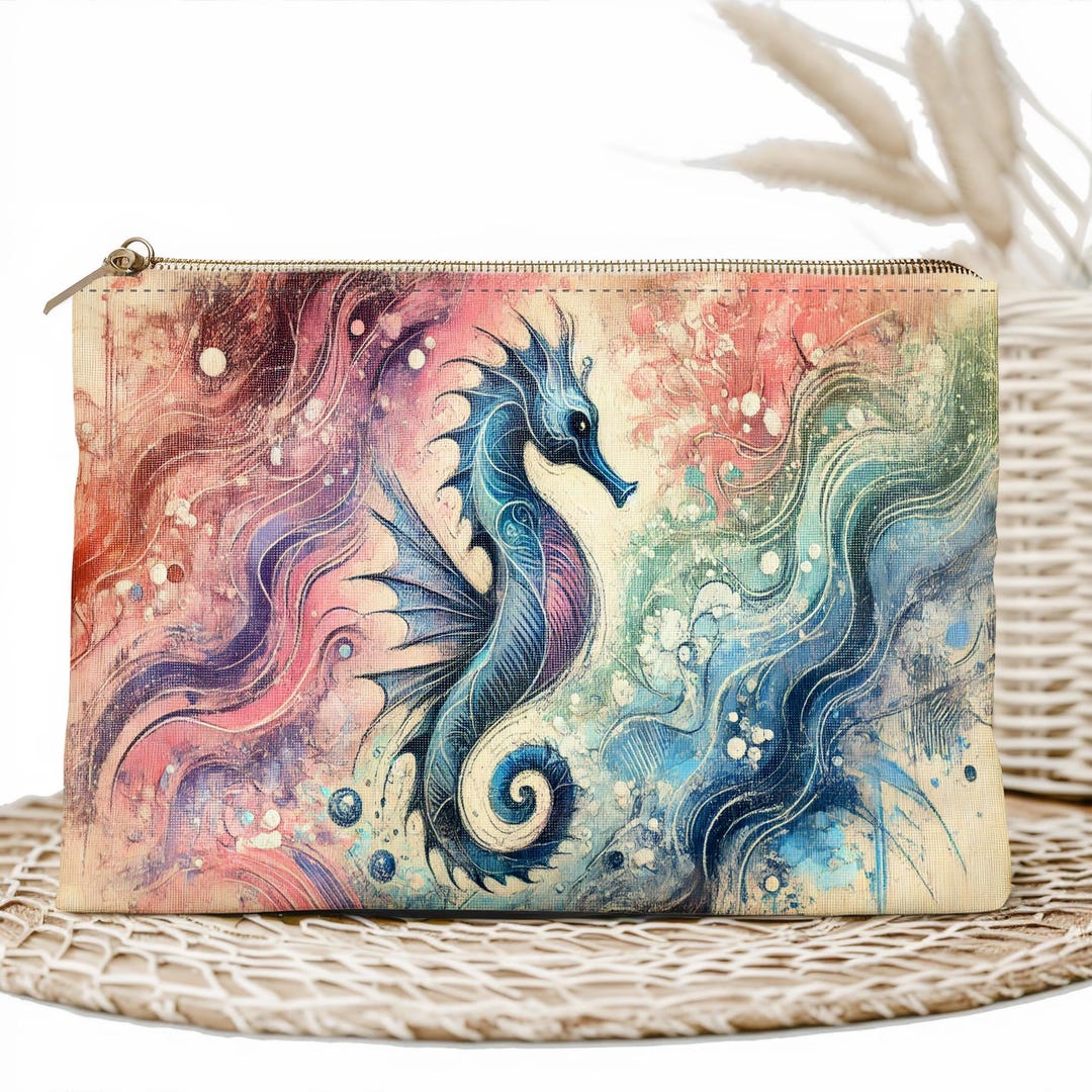Seahorse Art Makeup Bag, Fantasy Ocean Zipper Pouch, Mystical Sea Life ...