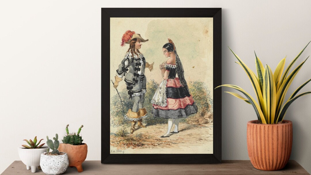 Spanish Costume Art Print Romantic Cavalier and Maid Scene Traditional ...
