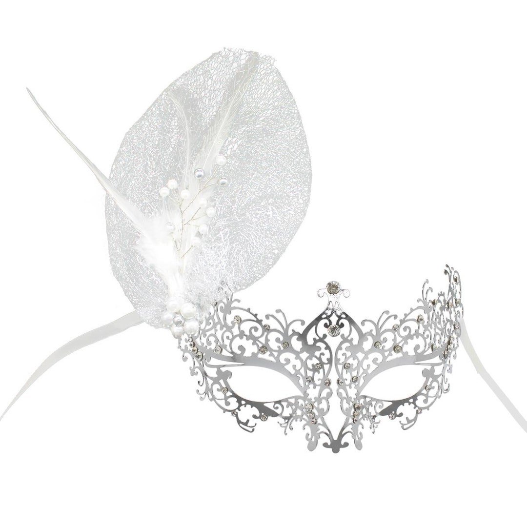 Silver Masquerade Ball Mask With Sparkling Mesh and Pearl Flower ...