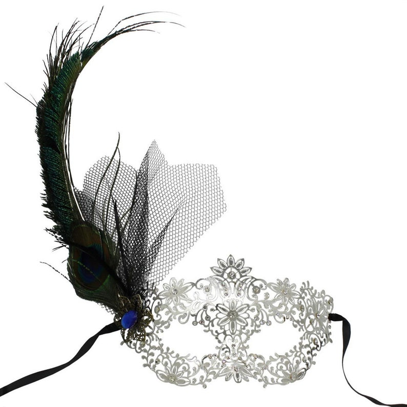 Silver Masquerade Mask With Peacock Feathers Etsy