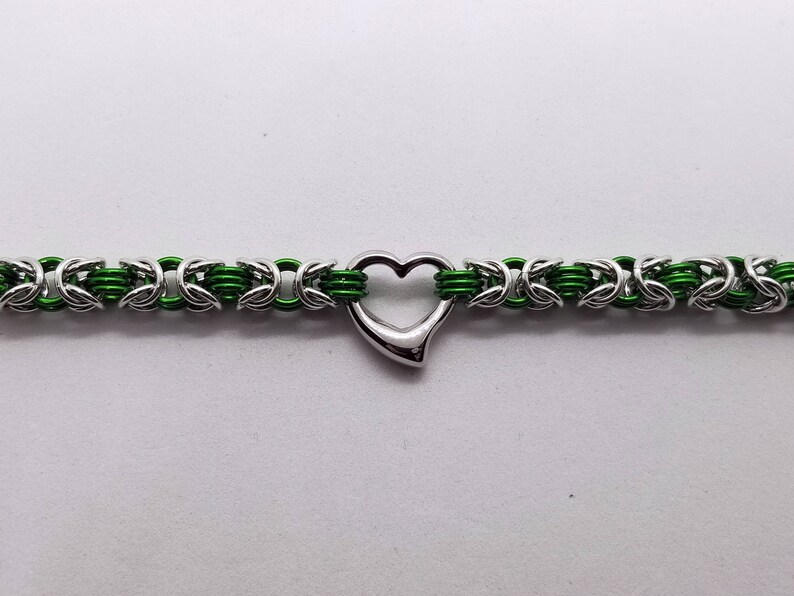 Green and Silver Heart Byzantine Chainmaille Bracelet | Etsy