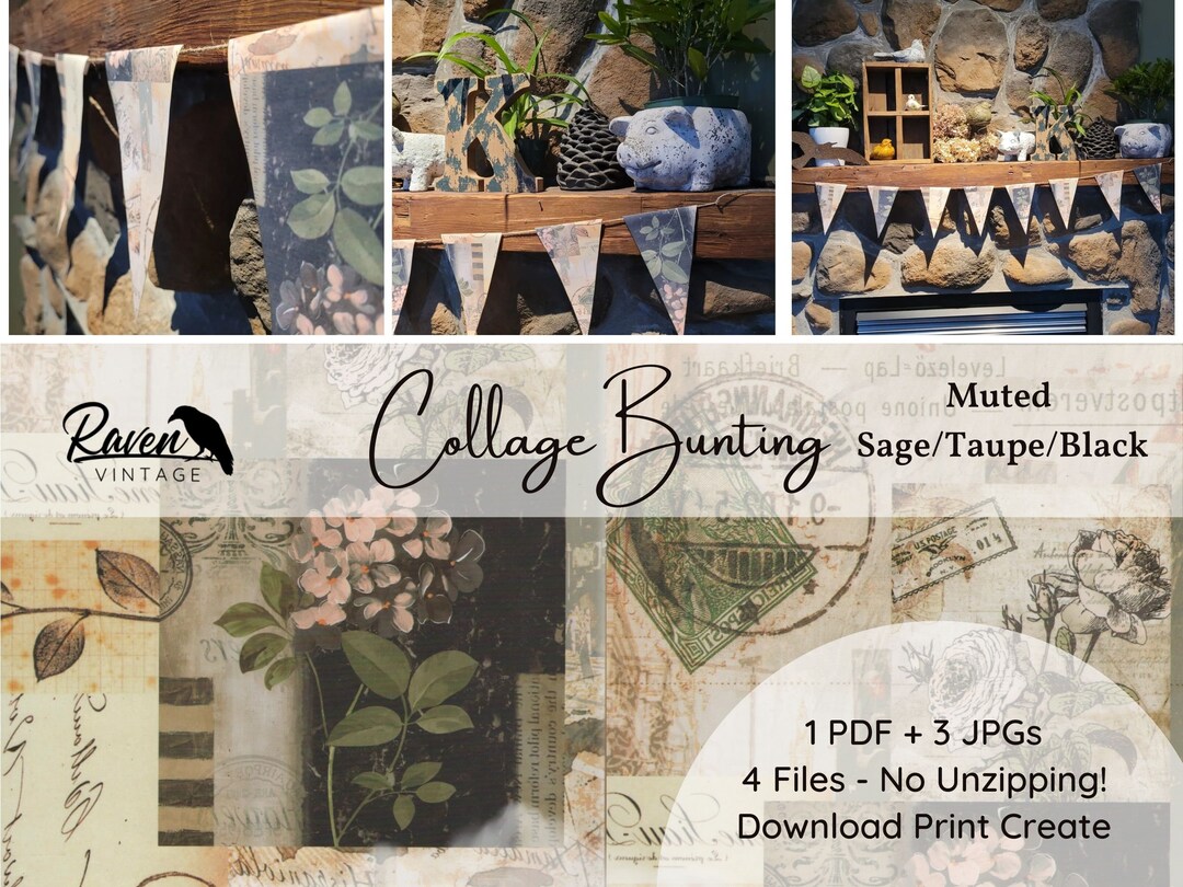 Printable Bunting - Vintage Floral Collage in Sage, Taupe, and Black ...