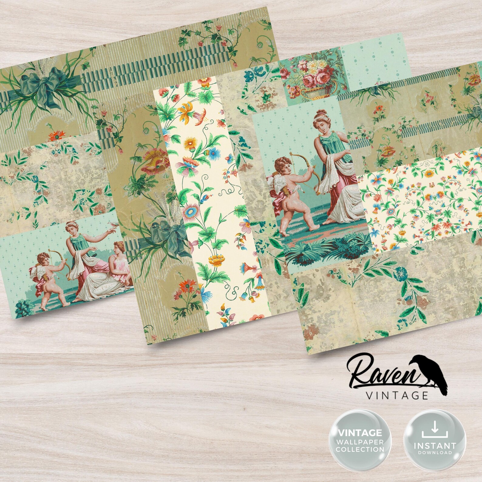 SAMPLER Cherub Charm - Authentic Vintage Wallpaper Printable Kit for ...
