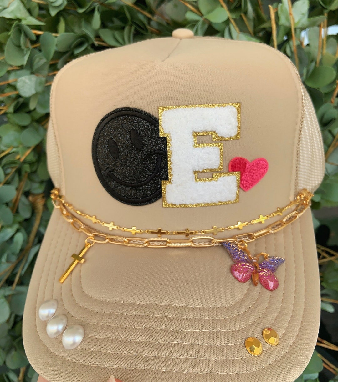 Custom Bling Initial Smiley Face Heart Trucker Hat Tan Otto Trucker Hat ...