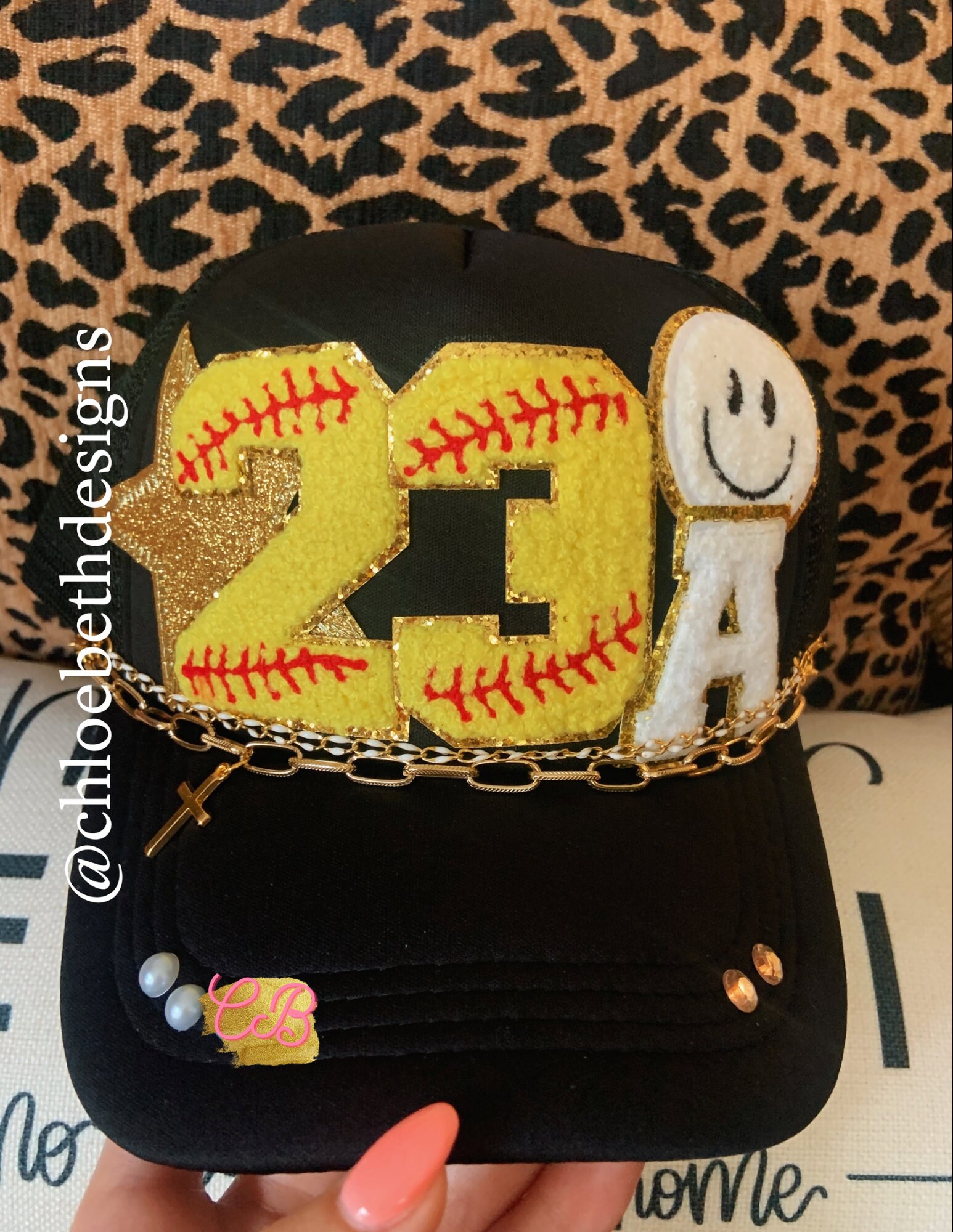Black Softball Bling Trucker Hat Sports Hat, Custom Initial Smiley Face ...