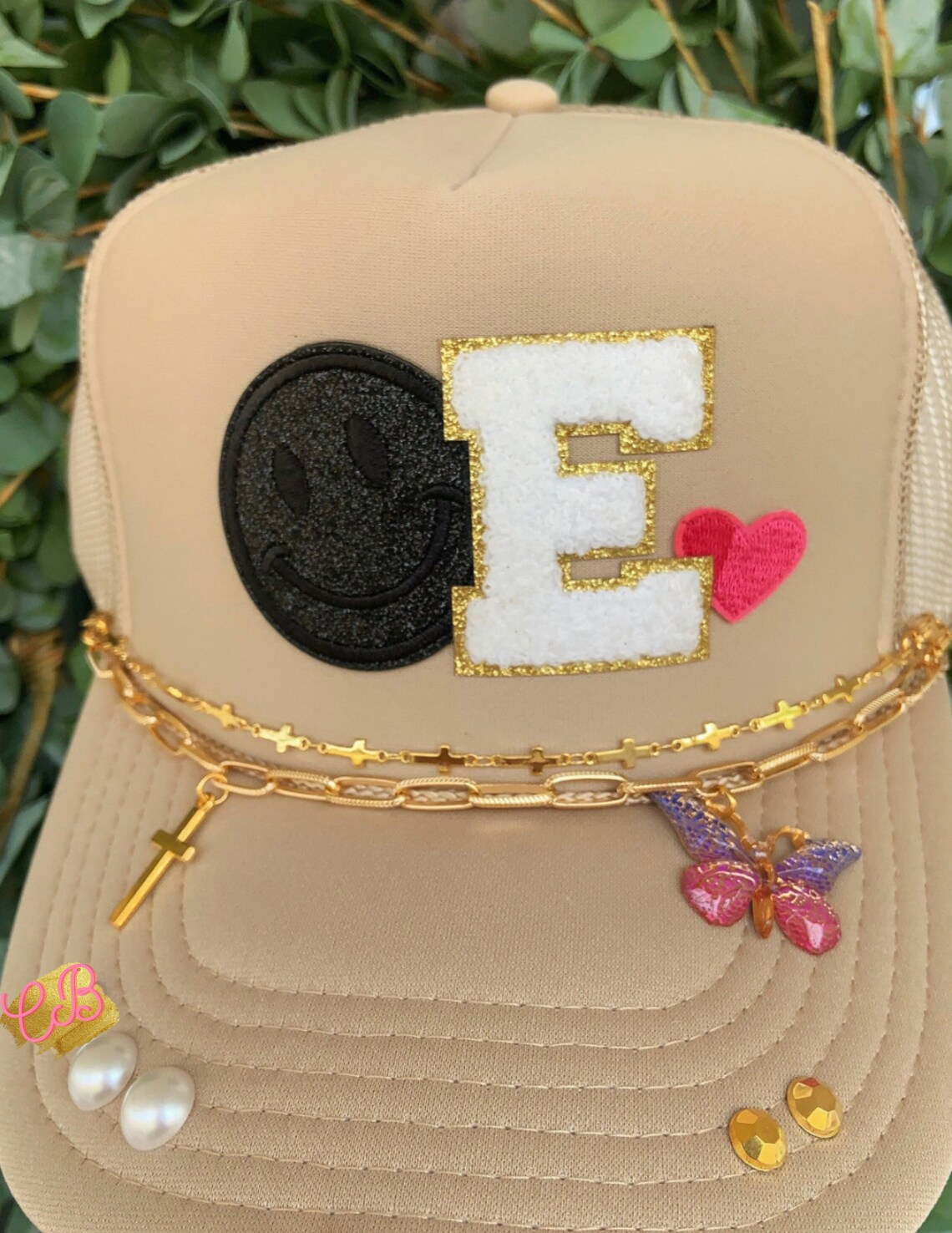 Custom Bling Initial Smiley Face Heart Trucker Hat- Tan Otto Trucker ...