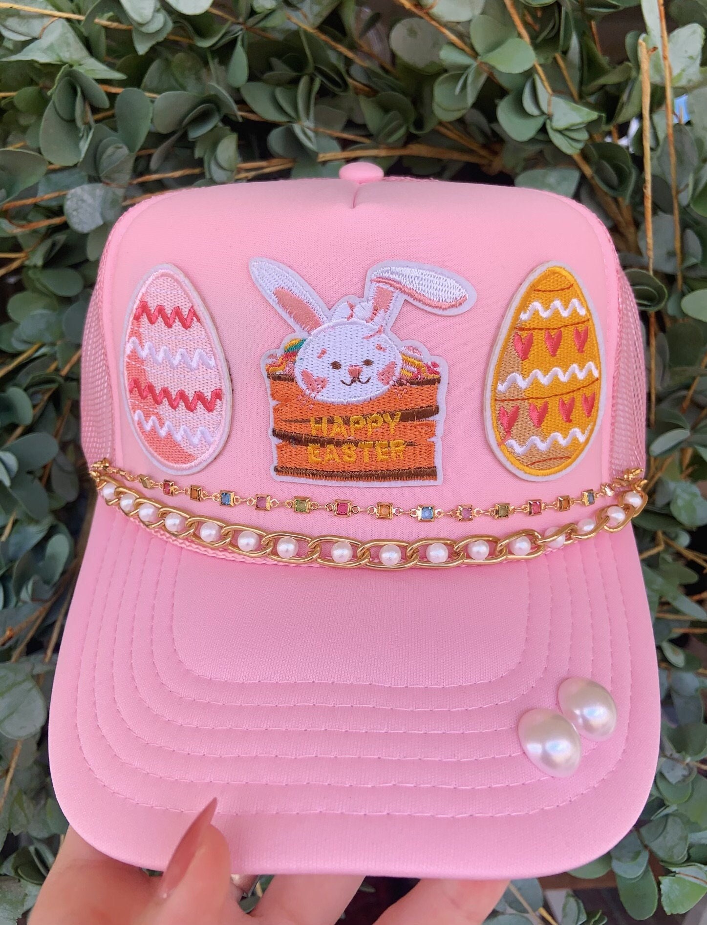 Happy Easter Pink Trucker Hat With Pearls and Hat Chains Hat Bling ...