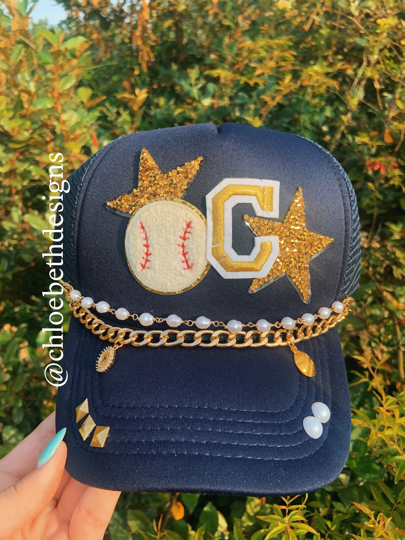 Navy Baseball Mom Hat- With Stars, Baseball, Initial Patch, Hat Chains ...