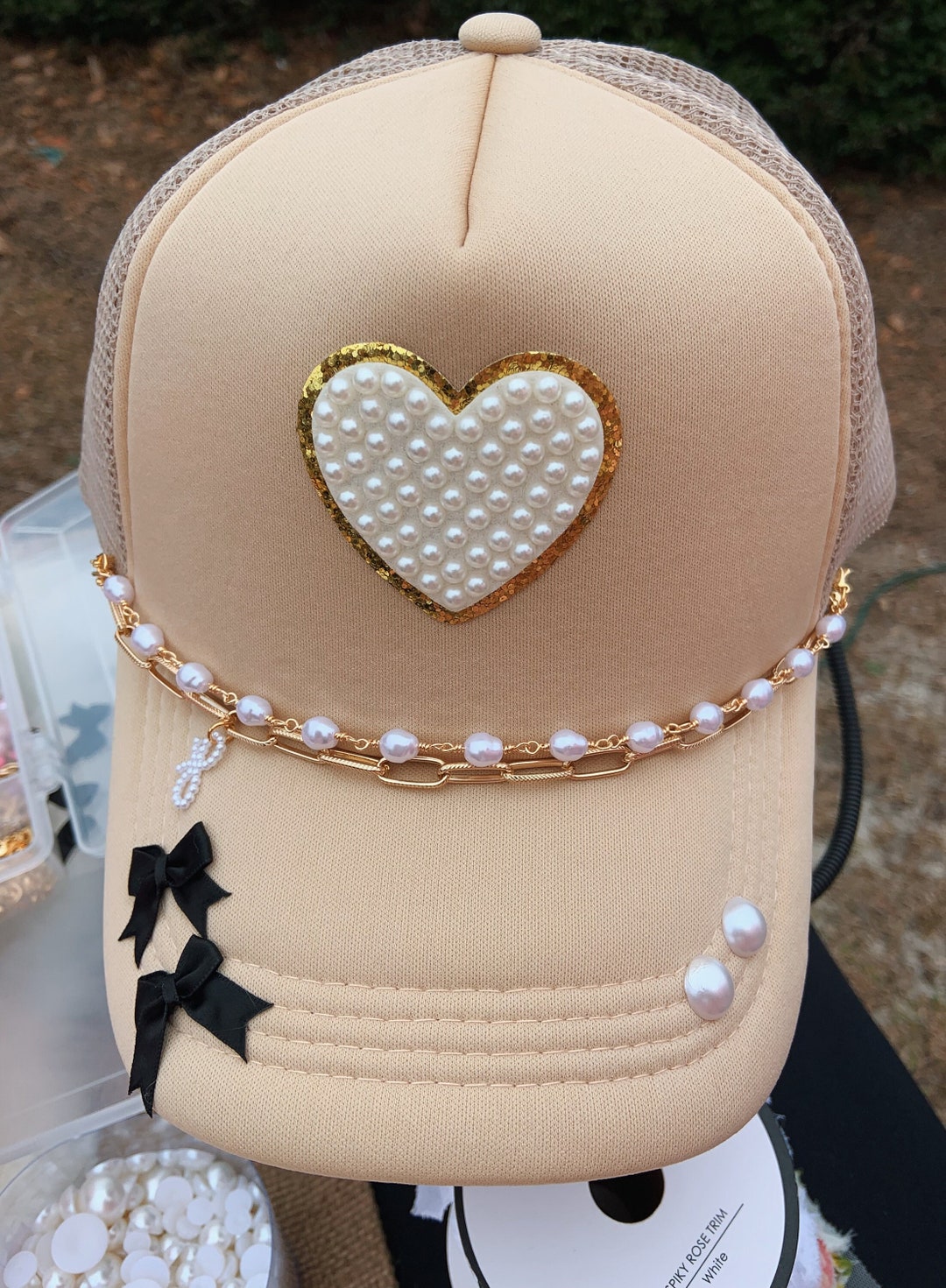 Love Lady Tan Trucker Hat With Heart Patch- Bling Hat, Pearl Heart ...