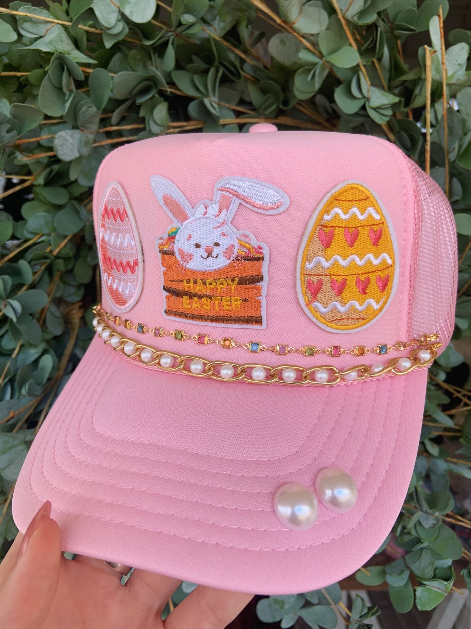 Happy Easter Pink Trucker Hat With Pearls and Hat Chains Hat Bling ...