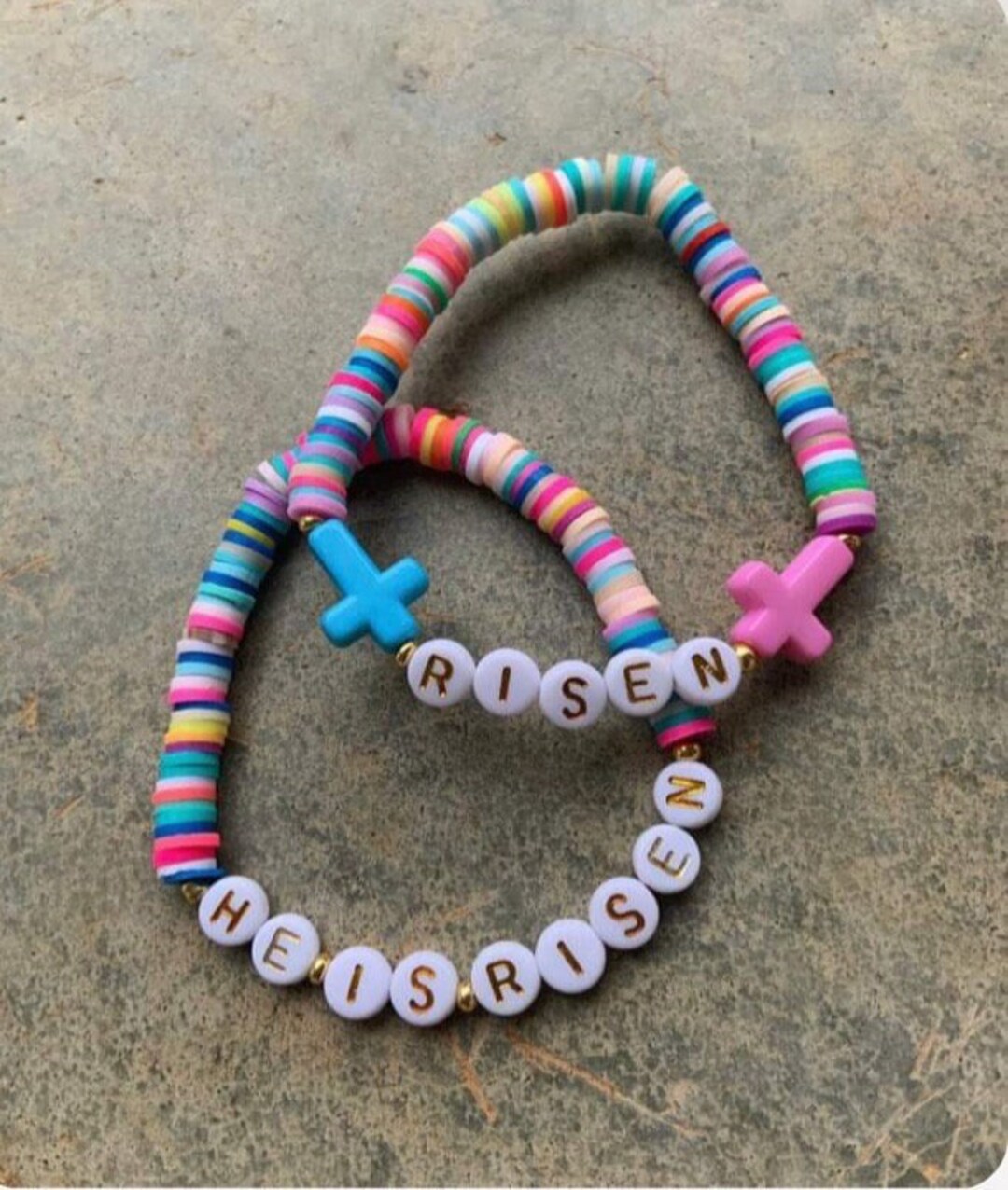 Easter "he is Risen" Bracelet Stack- Beaded Heishi Beads With Crosses ...
