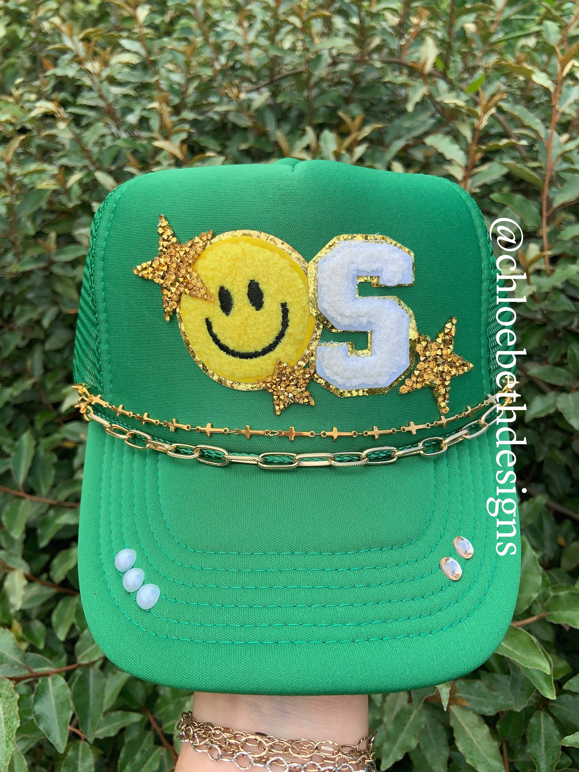 Green and Yellow Team Trucker Hat Custom Bling With Initial and Smiley ...