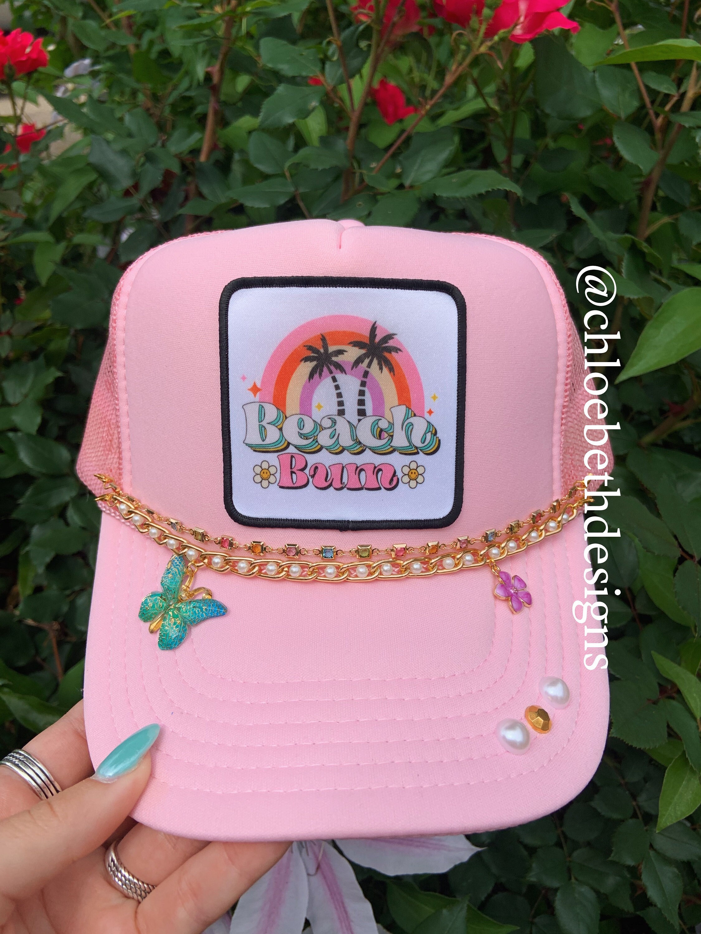 Baby Pink Beach Bum Trucker Hat Beach, Rainbow, Palm Tree, Flowers ...