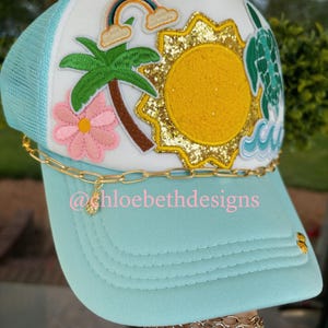 Beach Blue and White Trucker Hat- Hat Chains, Sun, Palm Tree, Wave ...