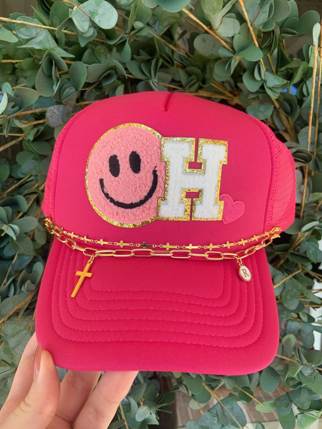 All Things Pink Hat- Hot Pink Bling Trucker Hat, Initial Smiley Face ...